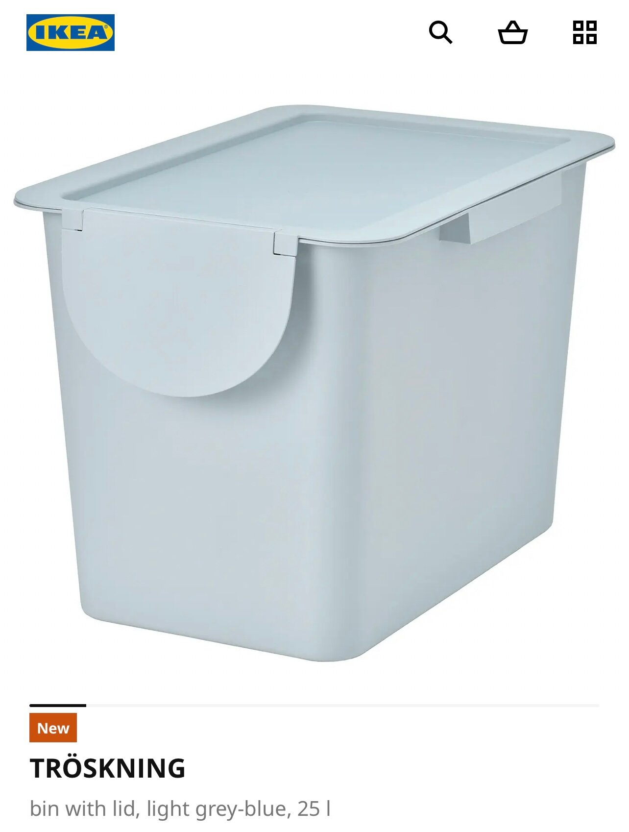 Контейнер для мусора с крышкой TRÖSKNING IKEA, светло-серо-голубой, 25 л