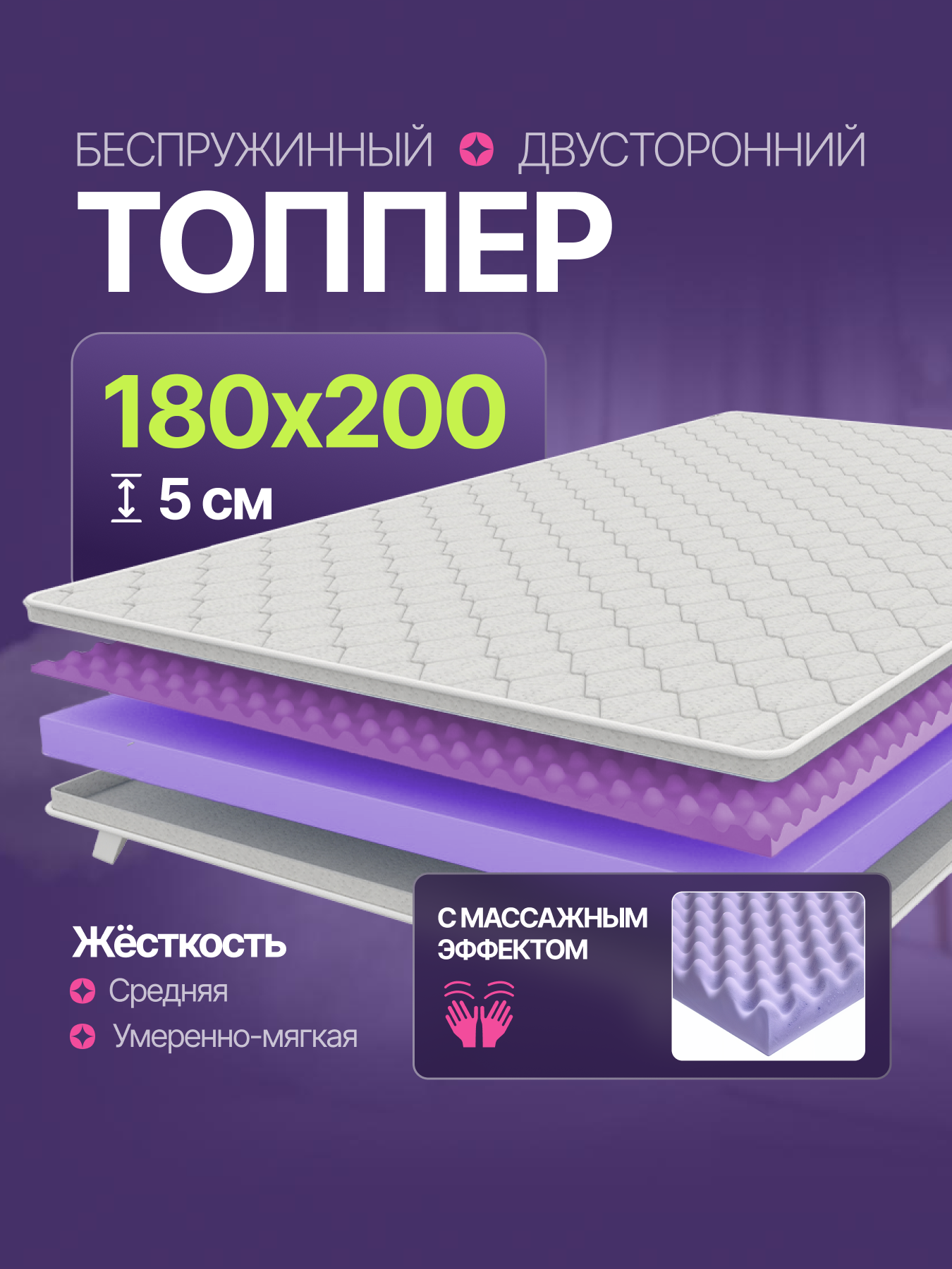 Топпер 180х200 см, беспружинный матрас на диван или кровать, массажный, высота 5 см, в рулоне VitaSoon Sleep Massage Ck