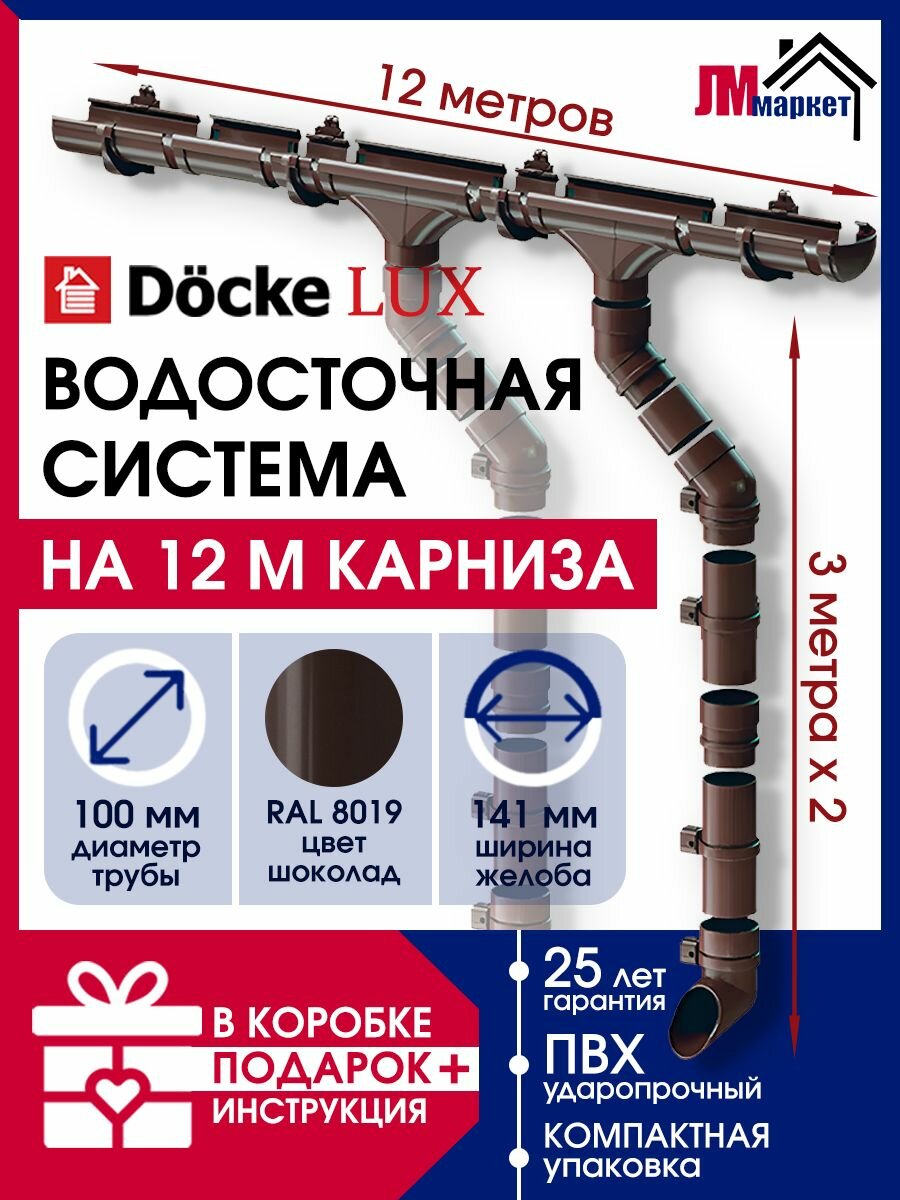 Водосток для крыши дома Docke LUX 12м/3м, длина ската 12 метров, высота 3 метра, цвет шоколад, RAL 8019