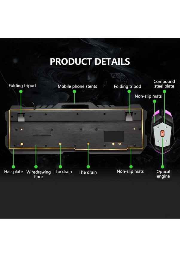 Комплект проводной игровой клавиатуры и мыши Maiyame T21, механическая тактильная чувствительность, радужная подсветка, 104 клавиши, эргономичный, прочная металлическая панель