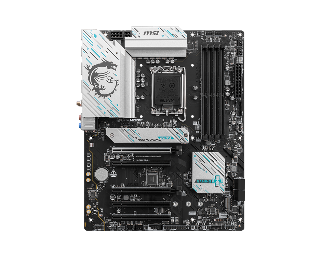 MSI Материнская плата Socket1700 MSI B760 GAMING PLUS WIFI DDR4 (iB760, 4xDDR4, M.2, SATA III, RAID, 5xPCI-E, HDMI, DP, 2.5Гбит LAN, WiFi, BT, 10Гбит USB, 10Гбит Type-C, ATX) (ret)