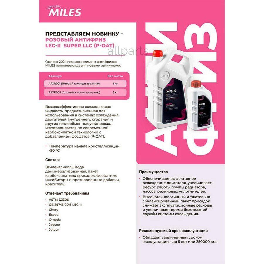 MILES AFXR005 Антифриз MILES готовый 5кг LEC-II SUPER LLC (P-OAT) -50C (розовый)