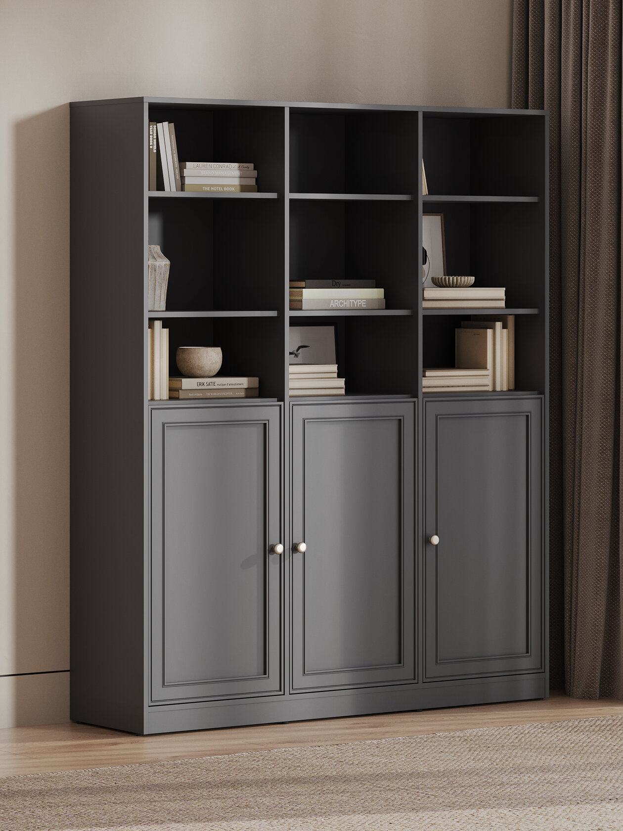 Стеллаж Люсиль, широкий, с полками, с дверцами, 147х40.1х180.6 см, Графит