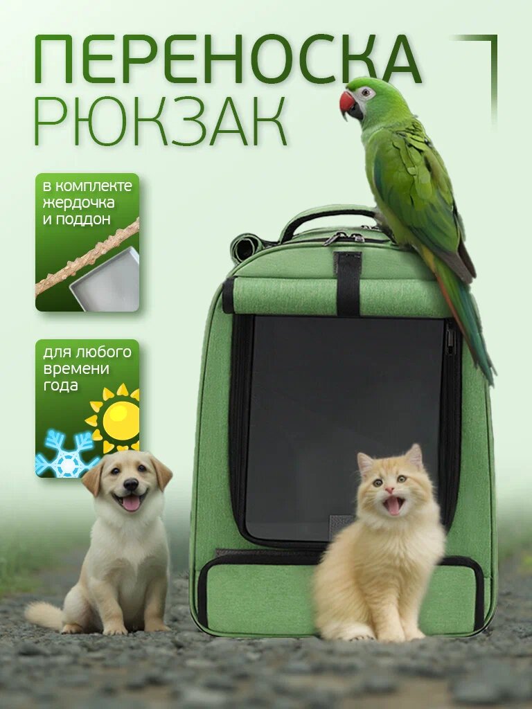 Рюкзак переноска для больших и маленьких птиц, попугаев, кошек, собак + жердочка + съемный поддон