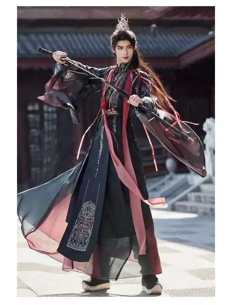 Классический мужской ханьфу COS белый/черный 3 шт L, Black Full Set