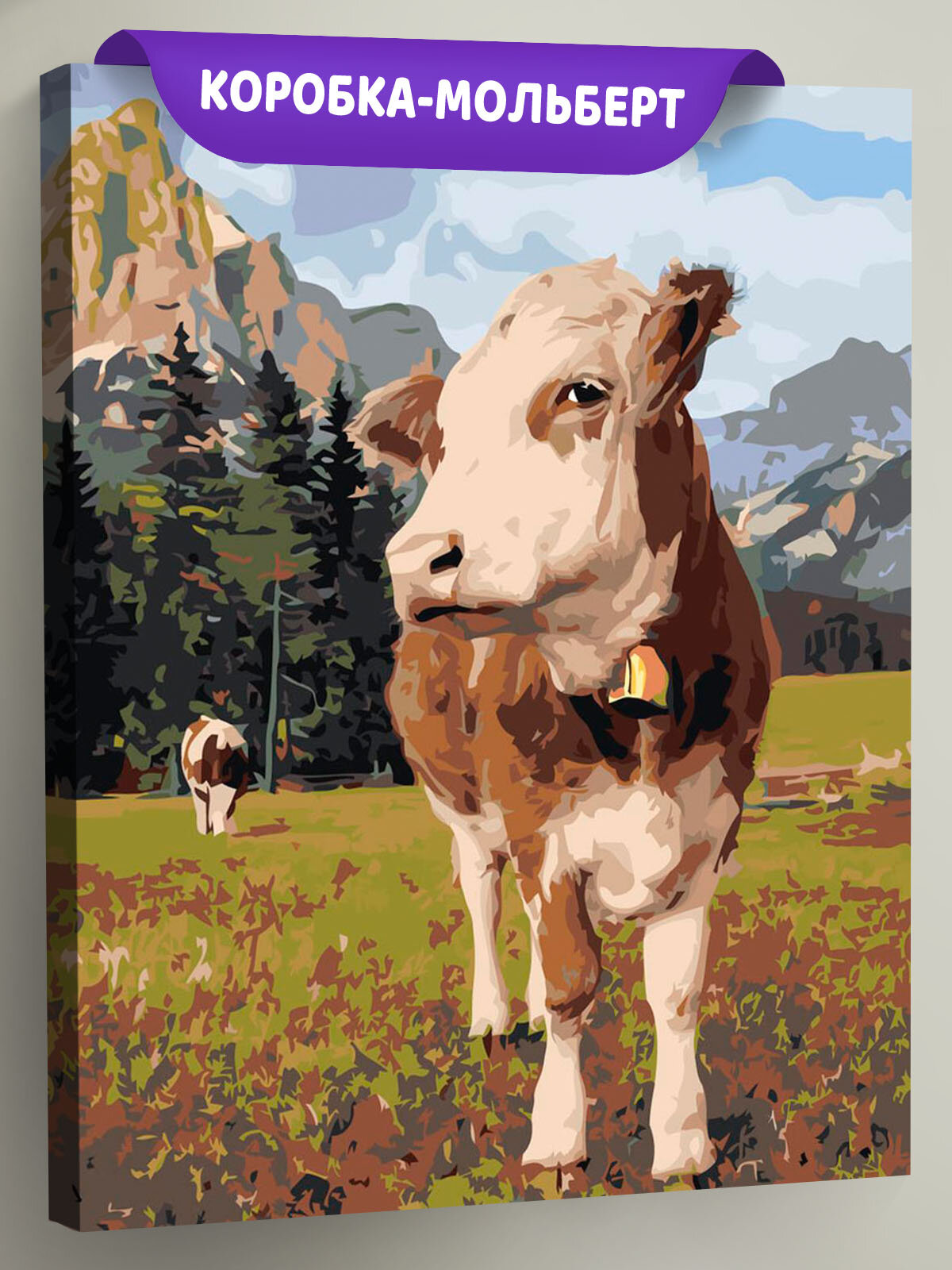 Картина по номерам на холсте с подрамником "Животные: коровы на лугу, горы и лес" Раскраска 40x50 см, Цветы Природа