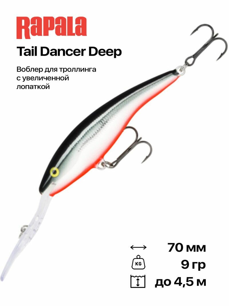 Воблер для троллинга Rapala Tail Dancer Deep, 70 мм, 9 гр, до 4,5 м, #HLWM