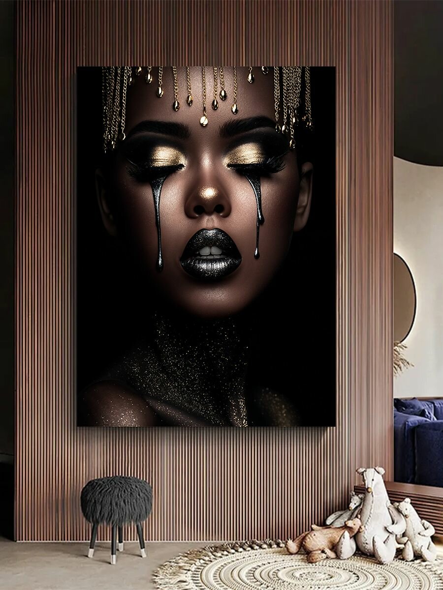 Вертикальная картина на холсте - "Портрет девушки, Металл / Черно-золотой" , 30х40 см.