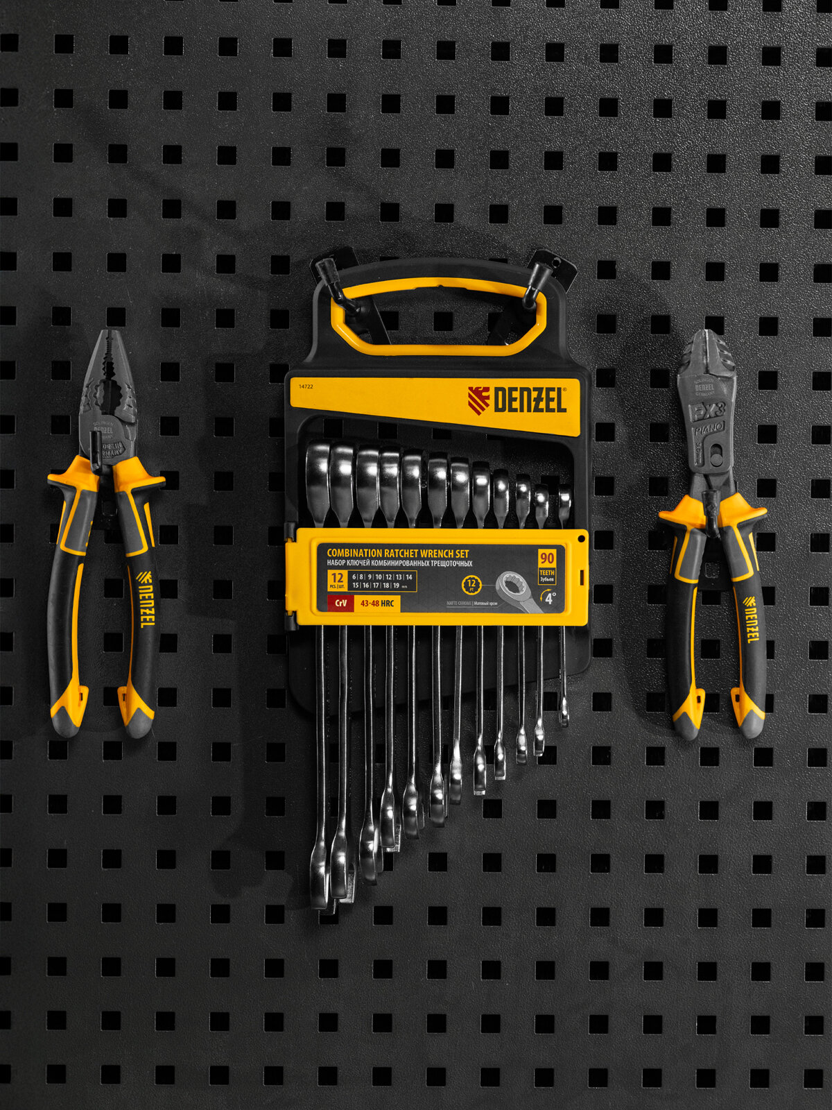 Набор ключей комбинированных трещоточных Denzel, 6-19 мм, 12 шт, CrV, матовый хром, 14722