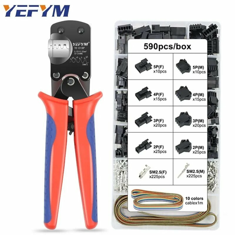 JST Клеммы YE-013BR Обжимной инструмент мини трещотка клещи 0.03-0.5 мм2,32-20AWG с набором для обжима клемм 590шт