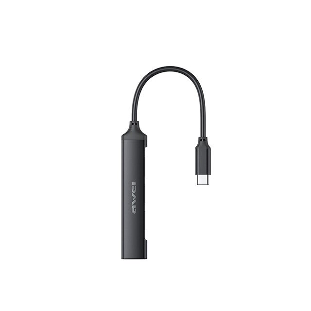 HUB адаптер Awei HUB 4-in-1, Type-C (M) to 4xUSB2.0, металлический корпус, 13 см кабель, Черный