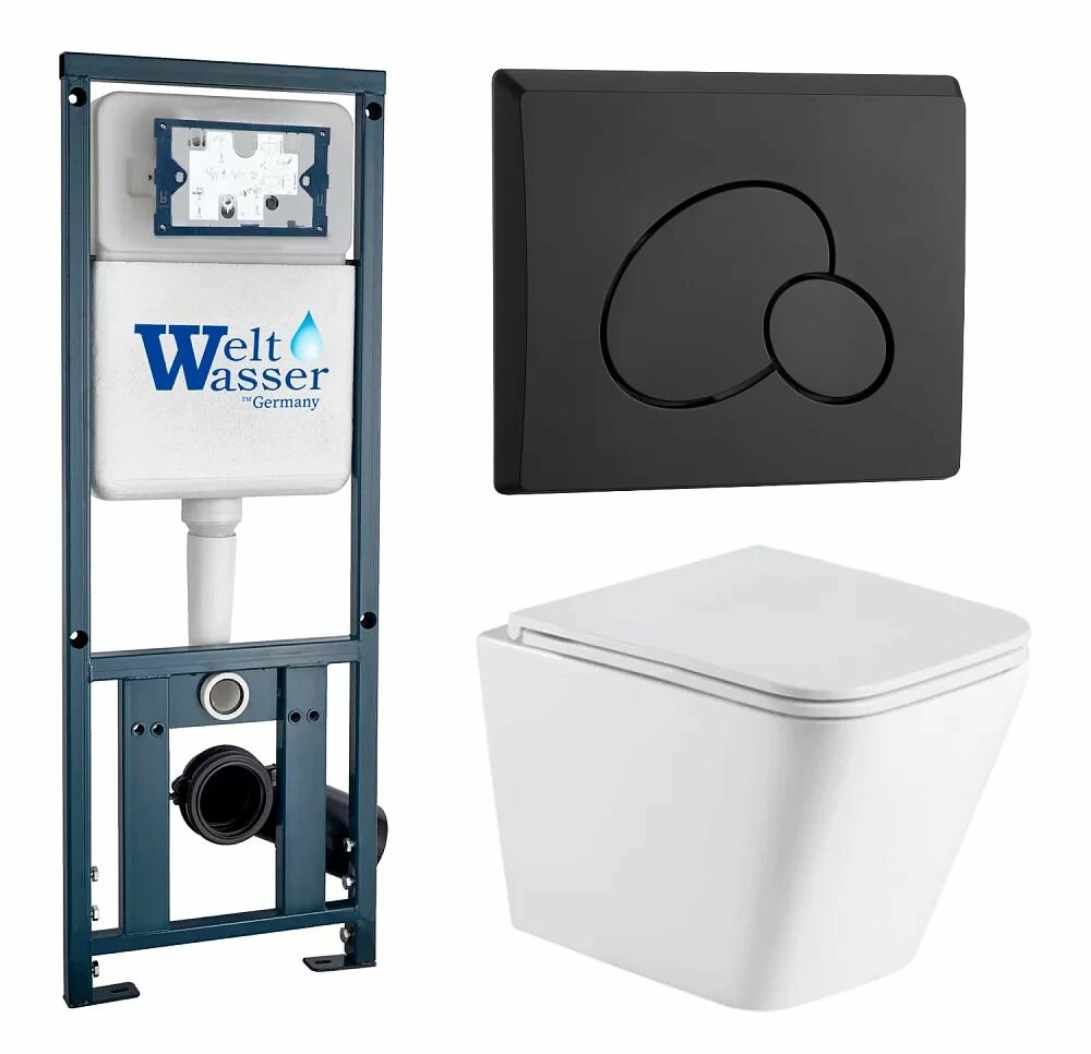 Унитаз с инсталляцией WeltWasser MARBERG 410 + GELBACH 043 GL-WT унитаз белый + MAR 410 RD MT-BL матовая черная кнопка