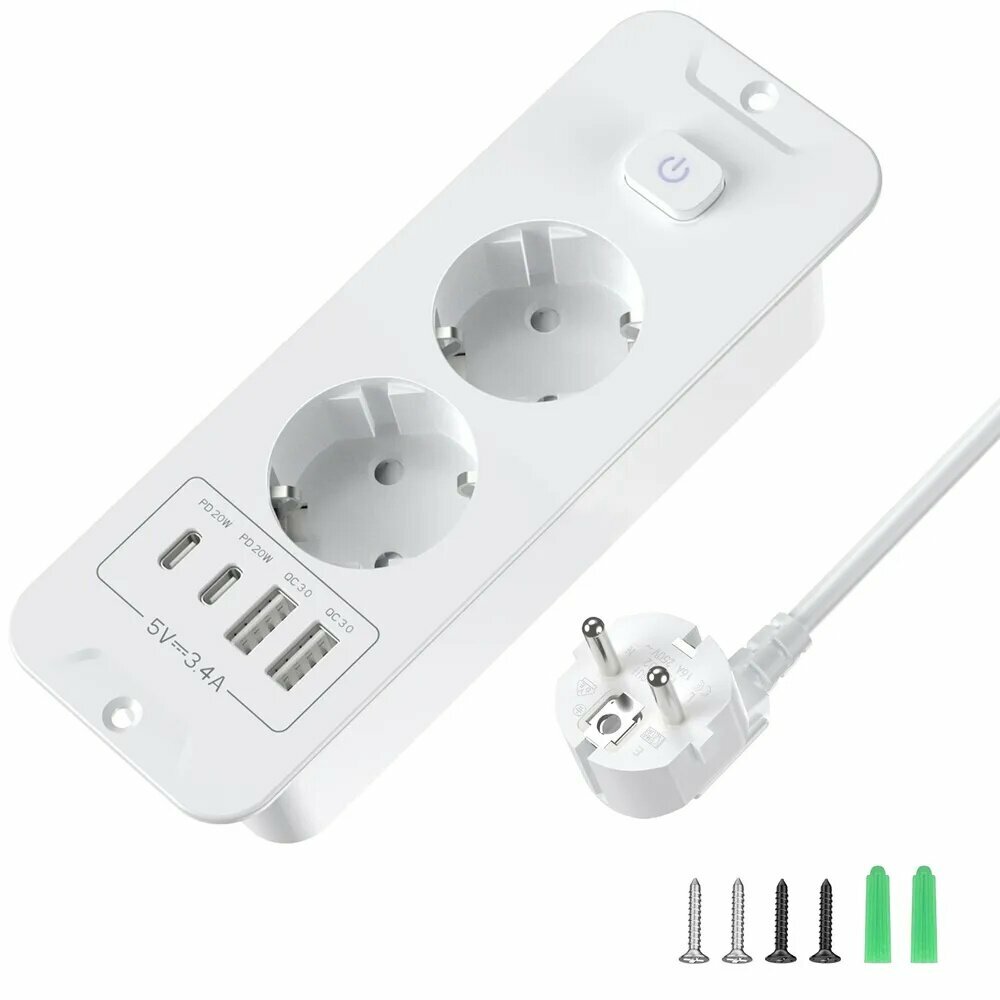 HITRENDS Встраиваемый удлинитель с 2 розетками и 2 USB + 2 Type-C (быстрая зарядка), выключатели, 4000W 16A 250V, огнестойкий и пылезащитный