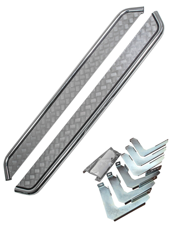 Пороги площадки нержавеющие с дюралевой площадкой для Mitsubishi Pajero Sport 2 (Митсубиси Паджеро Спорт 2) с креплениями