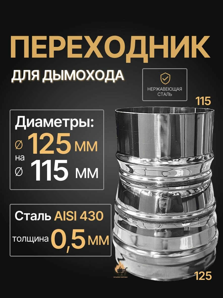 Переход моно мама/папа для дымоходных труб D 125x115 мм (0,5/430*0,5/430) нерж "Прок"