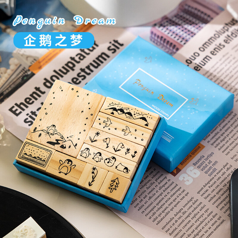 Набор деревянных печатей "Мечта пингвина", ручной аккаунт, diy, small element, creative, cartoon, ins, wind, decoration