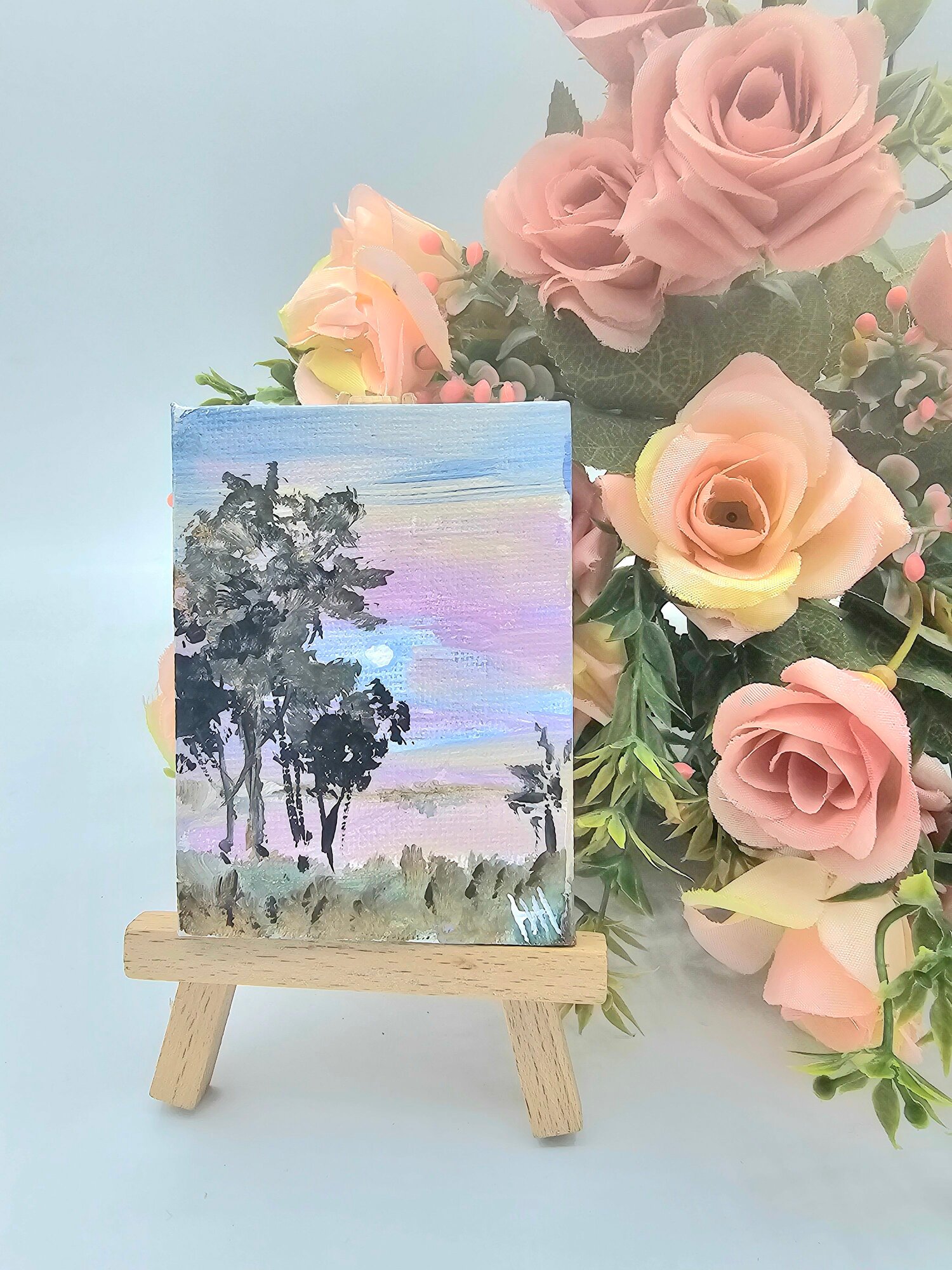 Миниатюра акрилом на холсте 6х8см "Розовый закат" с мольбертом, авторская ручная работа