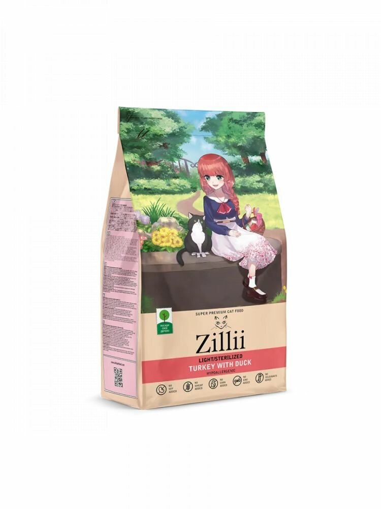 Сухой корм ZILLII Light/Sterilized Cat для взрослых кошек с избыточным весом и стерилизованных, индейка с уткой, 400 г