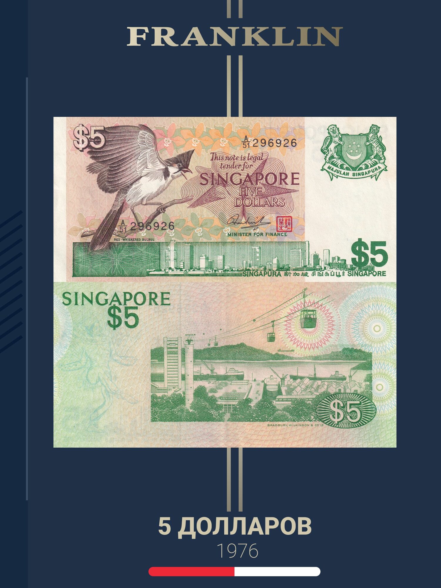 Банкнота Сингапур 5 долларов 1976 год (XF) Pick 10