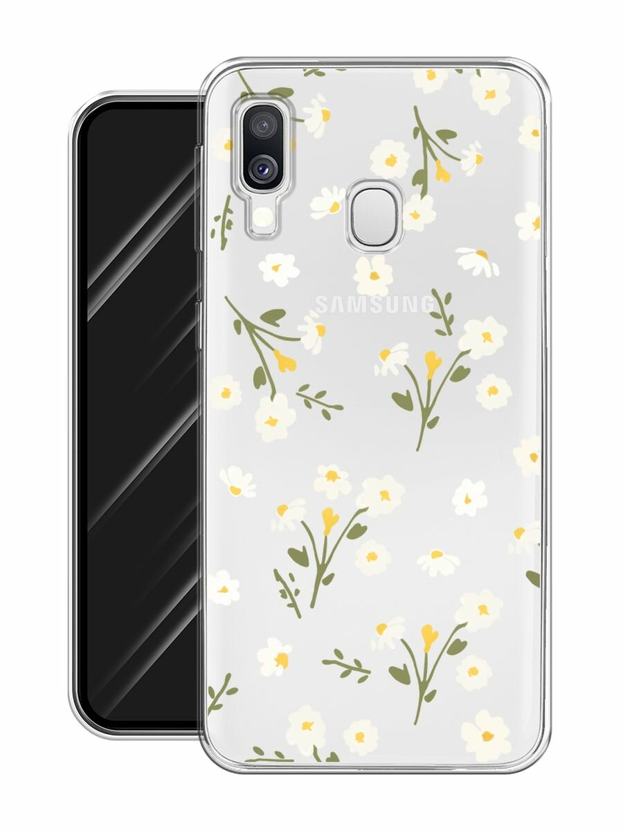 Чехол на Samsung Galaxy A40 / Самсунг Галакси А40 с принтом "Пучки ромашек паттерн", прозрачный — фото 1