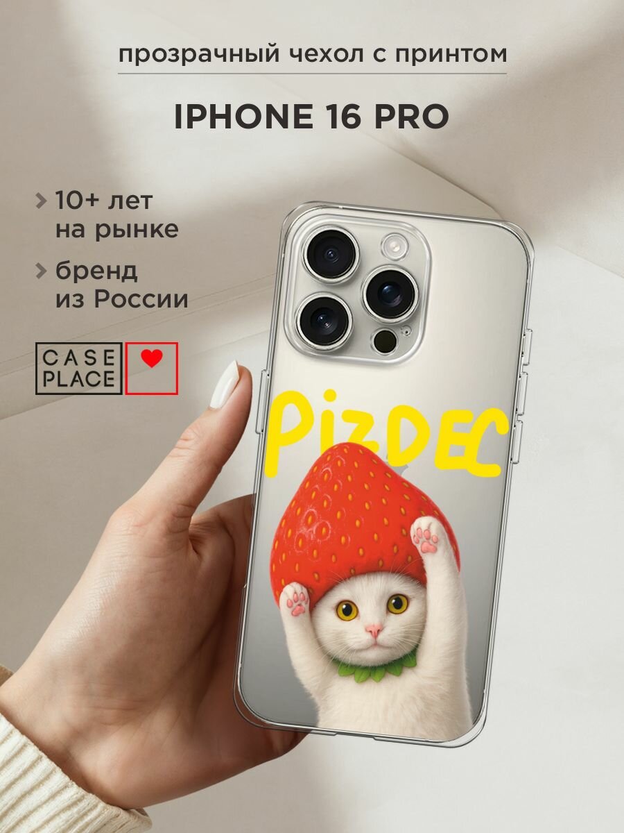 Чехол на Apple iPhone 16 Pro / Айфон 16 Про с принтом "Котик с надписью", прозрачный