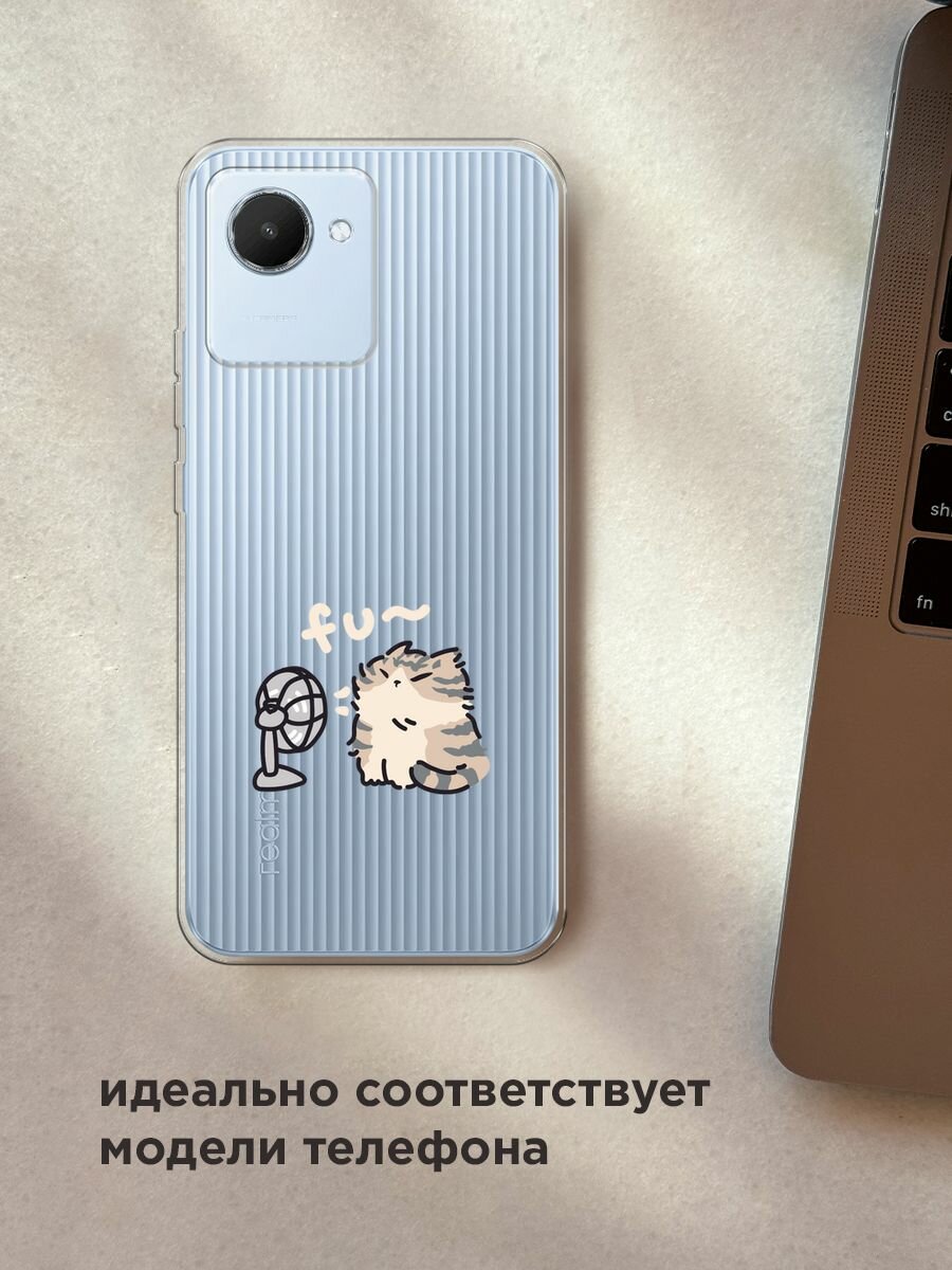 Чехол на Realme C30 / Реалми C30 с принтом "Котик с вентилятором", прозрачный — фото 1