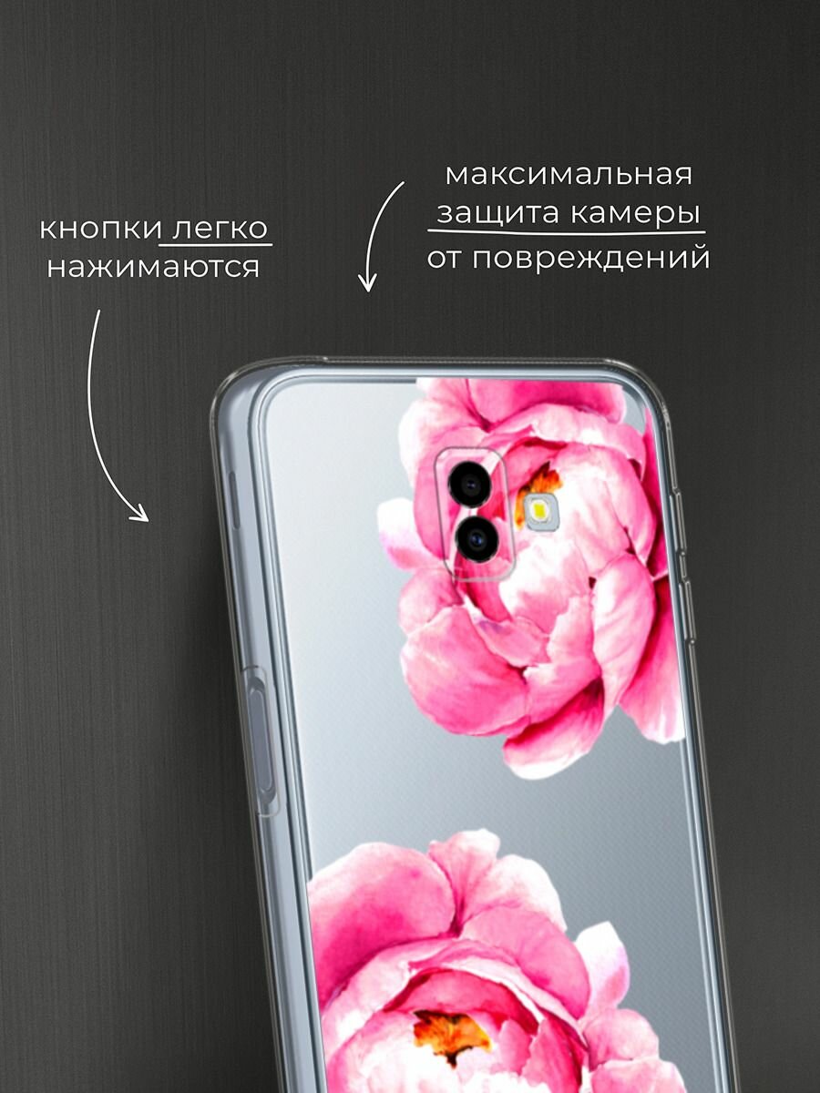 Чехол на Samsung Galaxy J6 + / Самсунг Галакси J6 Плюс 2018 с принтом "Open peonies", прозрачный — фото 1