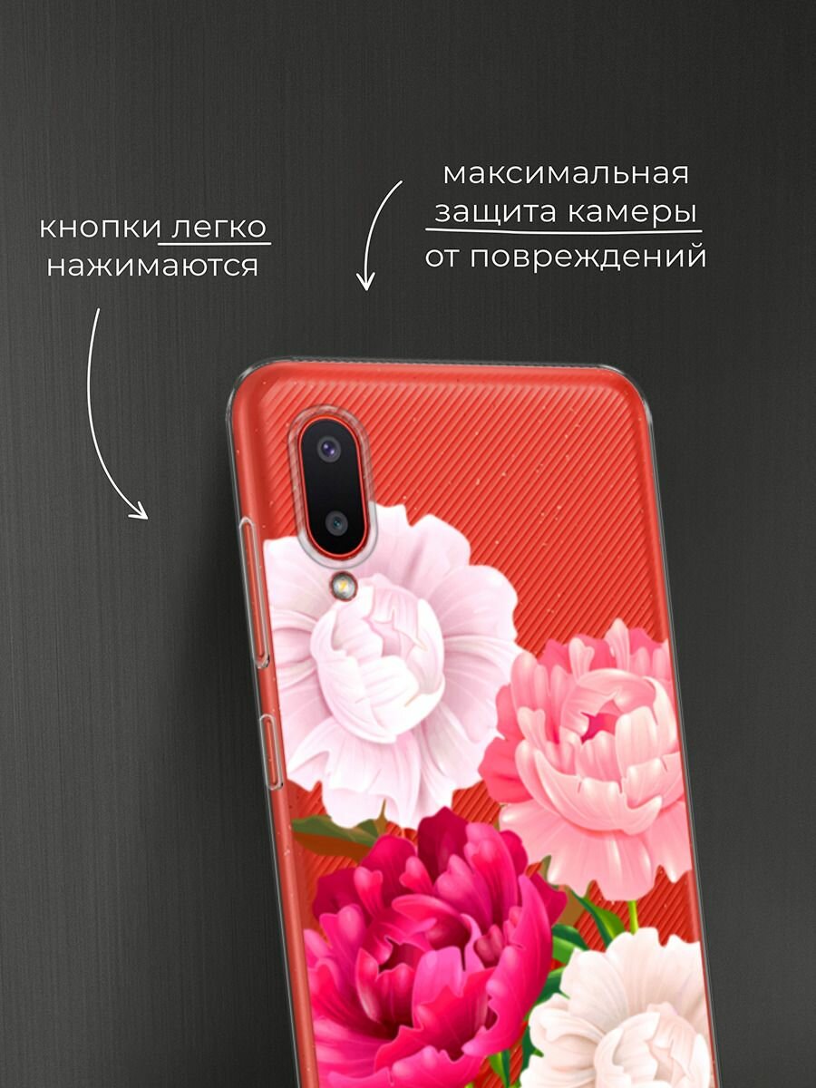 Чехол на Samsung Galaxy A02 / Самсунг Галакси А02 с принтом "Большие пионы", прозрачный — фото 1