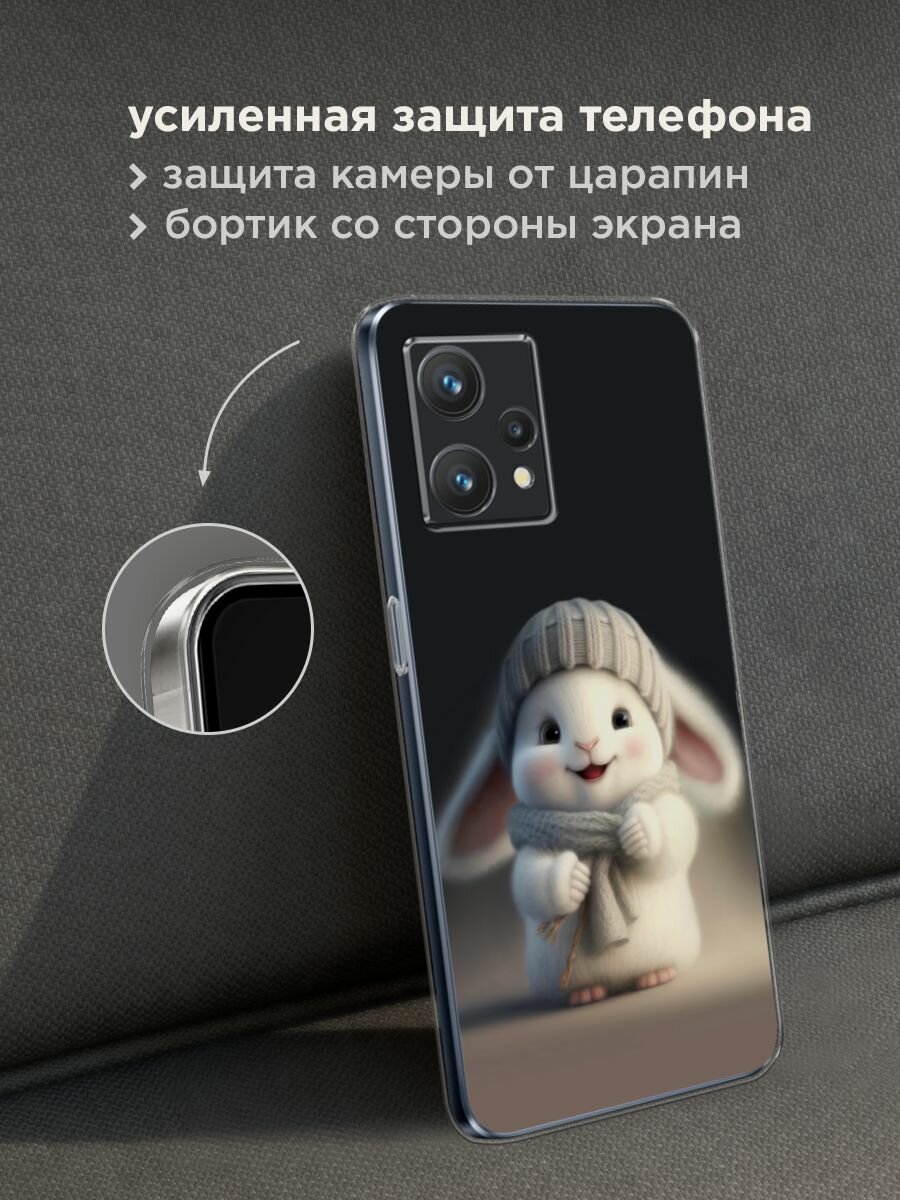 Чехол на Realme 9 4G/9 Pro Plus / Реалми 9 4G/9 Pro Plus с принтом "Белый крольчонок в шапке" — фото 1