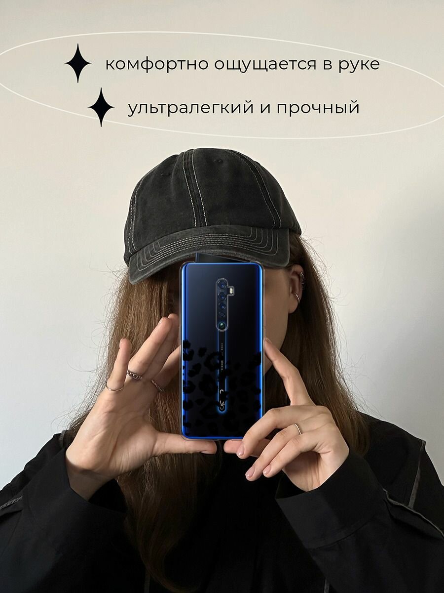 Чехол на Oppo Reno 2 / Оппо Рено 2 с принтом "Окрас леопарда фон черный", прозрачный — фото 1