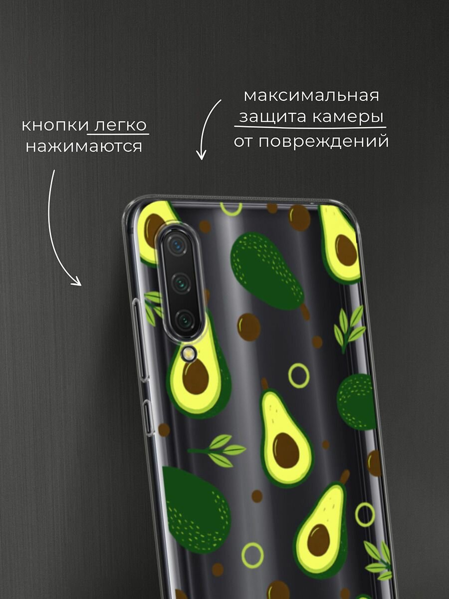 Чехол на Xiaomi Mi CC9/A3 Lite/9 Lite / Сяоми Mi CC9/A3 Lite/9 Lite с принтом "Авокадо паттерн", прозрачный — фото 1