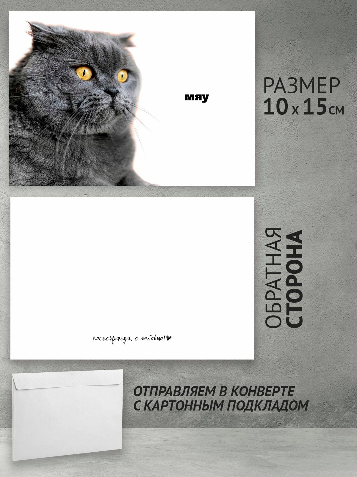 Подарочная открытка с уникальной иллюстрацией котик "Мяу" с днем рождения, с юбилеем, без повода