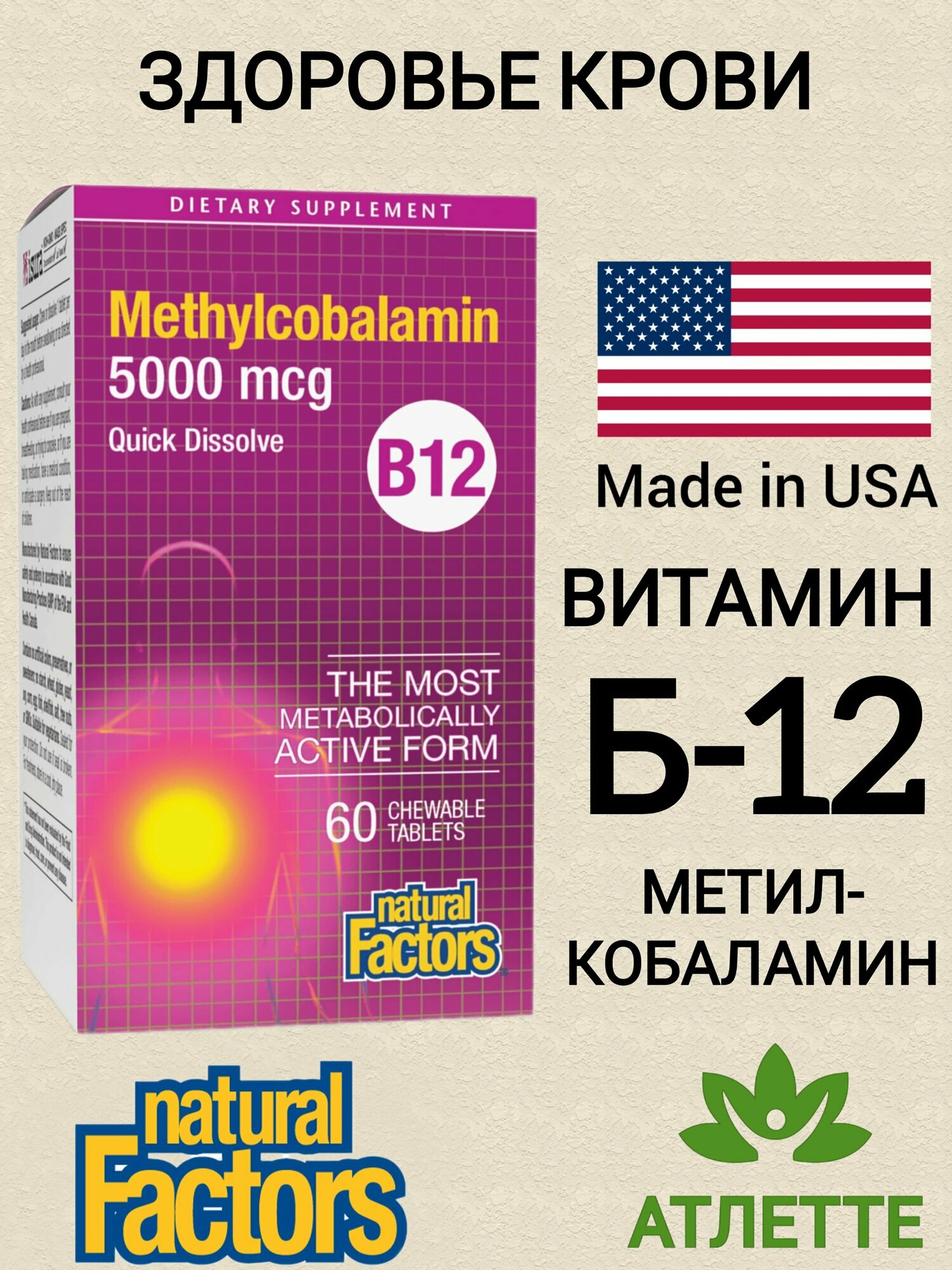 Витамин Б12 метил из США Natural Factors Methylcobalamin 5000 мкг. 60 жевательных таблеток