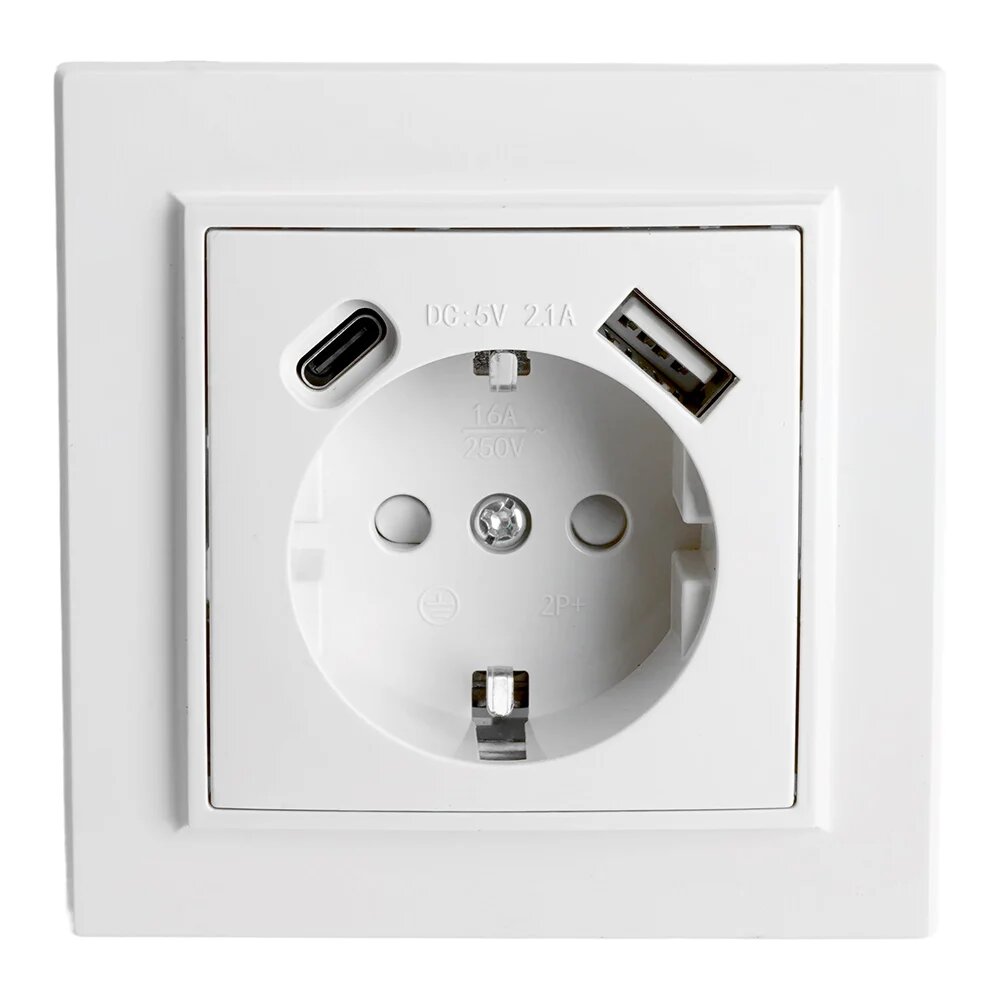Розетка 1-местная STEKKER PST16-9016-01, 250В, 2.1А с USB+ type C, серия Эрна, белый, 50076