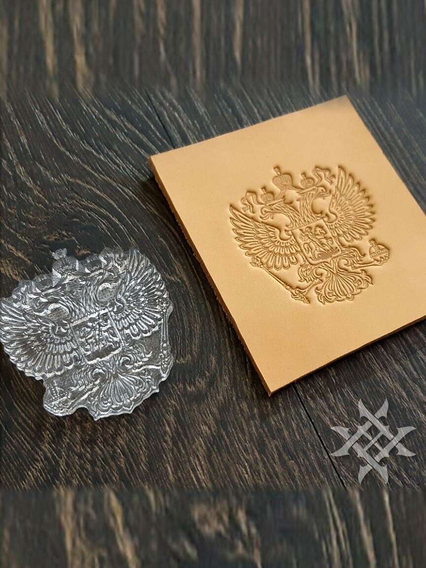 Клише штамп для холодного тиснения по коже "Герб России" из акрила, 5х6 см, толщина 5 мм