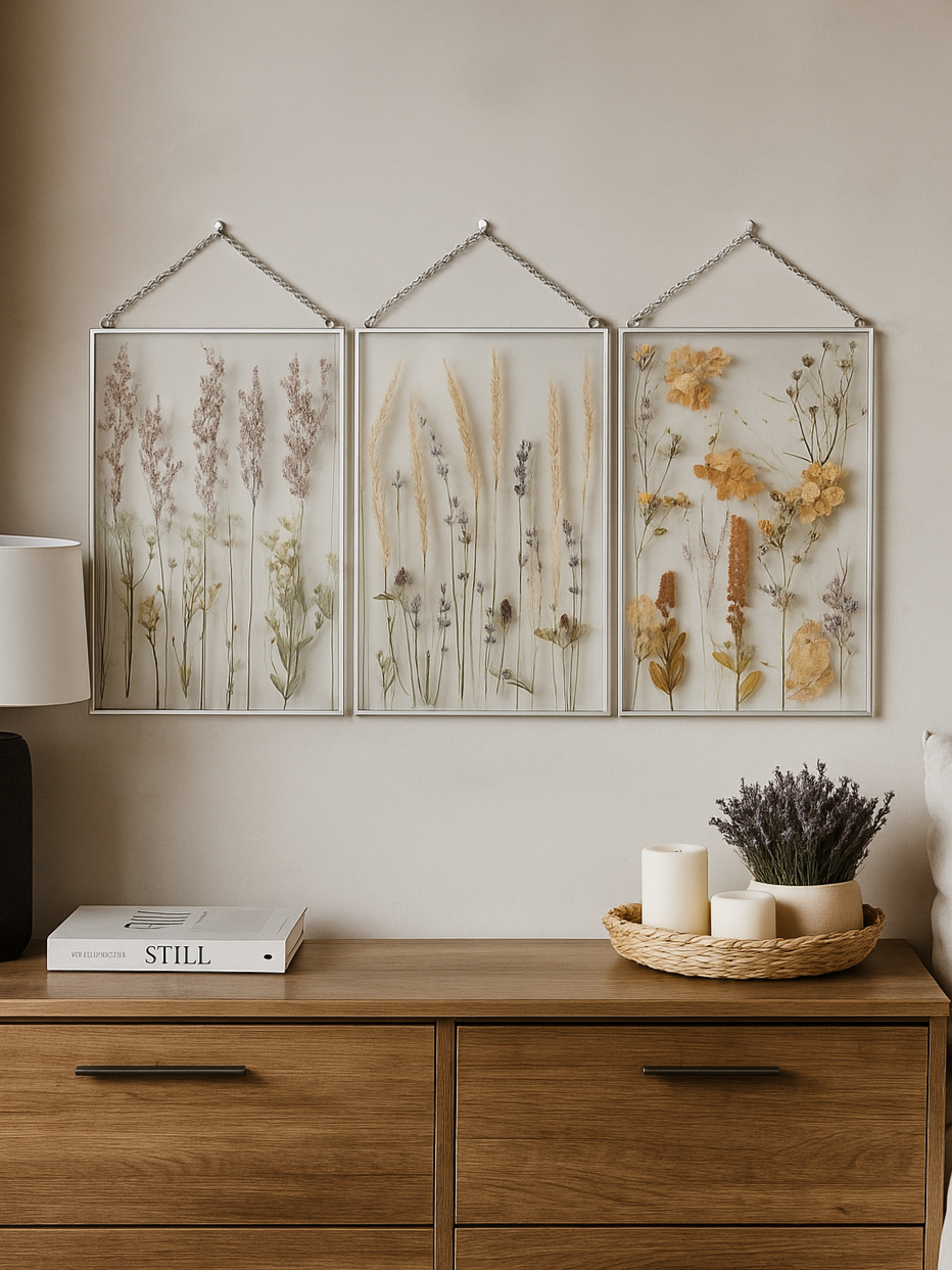 Набор из 3 панно с сухоцветами в стекле натуральный декор ручной работы в сканди-стиле серебристая рама