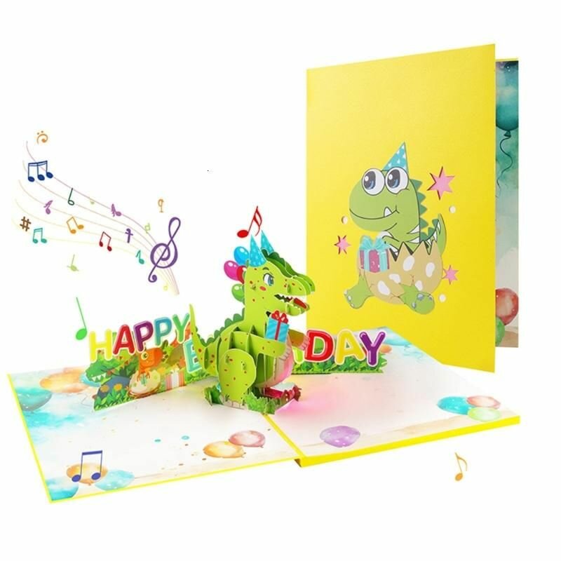 Эффектная 3D открытка-сюрприз на День рождения с всплывающими окнами, музыкой и светодиодной подсветкой, - День рождения динозавра ок