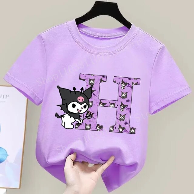 Детская футболка Sanrio Kuromi с милым мультяшным принтом в виде букв AZ и аниме, модная одежда для девочек, топы из хлопка с короткими рукавами для малышей, Размер:120
