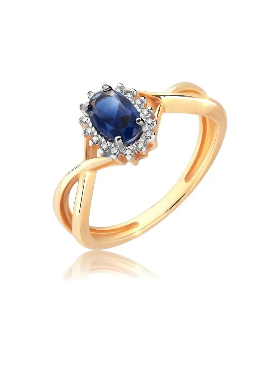 Кольцо, красное золото, 585 проба, сапфир синтетический, бриллиант