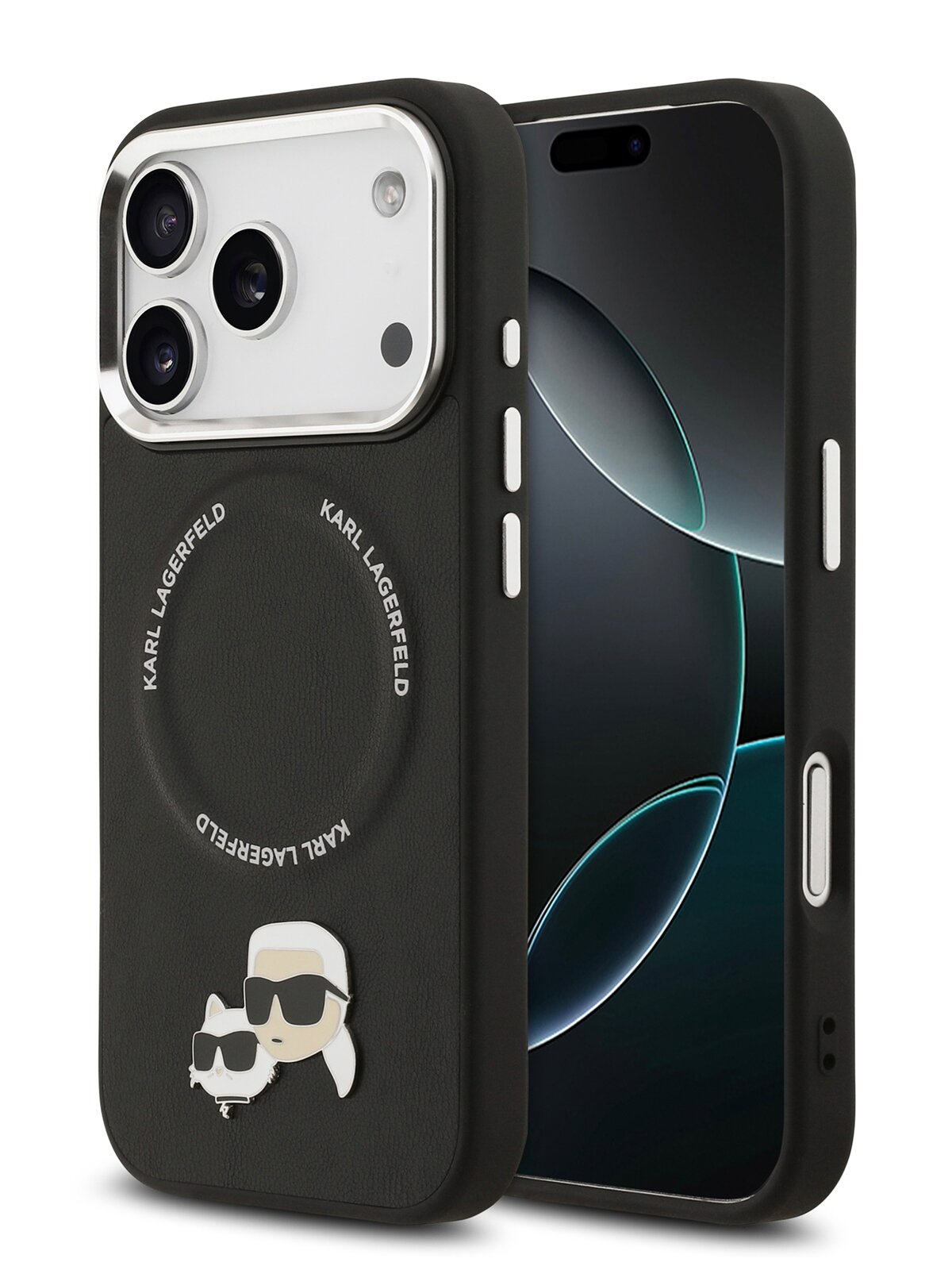 Karl Lagerfeld чехол с MagSafe для iPhone 17 Pro, PU кожа с метал. значком NFT Karl & Choupette heads, черный