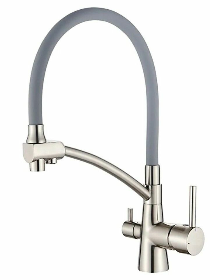 Смеситель для кухни под фильтр с гибким силиконовым поворотным изливом сатин/серый, латунь/силикон