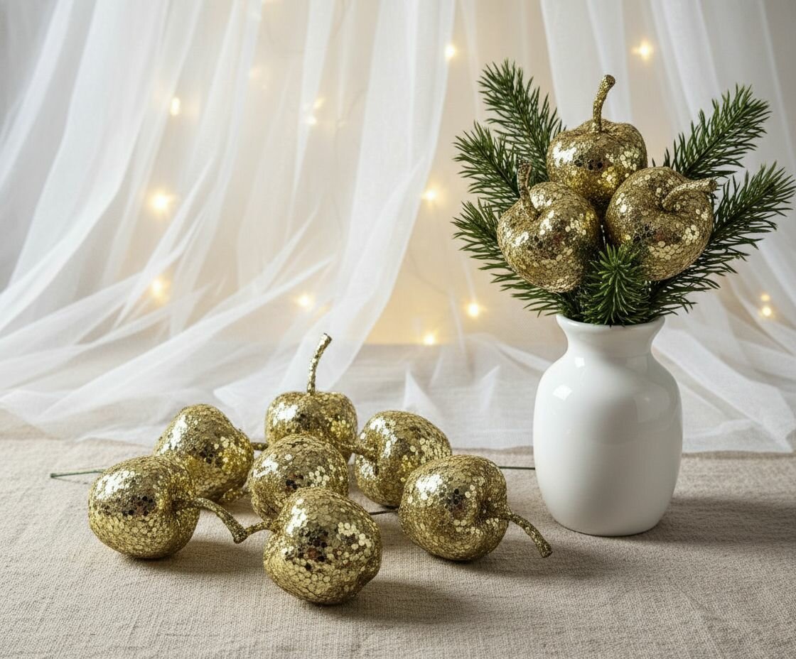 Яблоко блестящее, декоративное на металлической ножке. Цвет золото, 10 шт