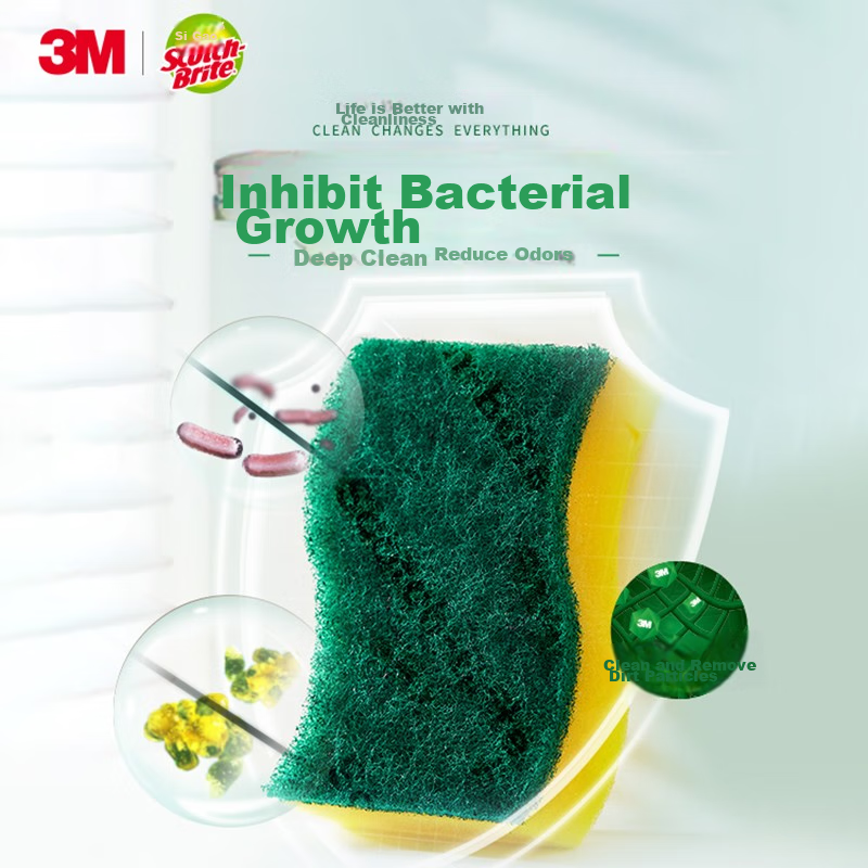 3M Scotch-Brite Antibacterial Deodorizing Sponge Scouring Pad, Dishwashing Sponge Cleaning Cloth Kitchen Household Use, 8-Pack