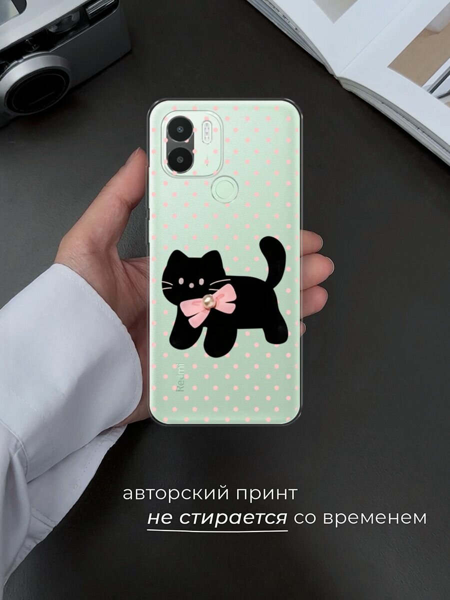 Чехол на Xiaomi Redmi A1+/Redmi A2+/Poco C51/C50 / Редми A1+ с принтом Черный котик с бантом, прозрачный — фото 1
