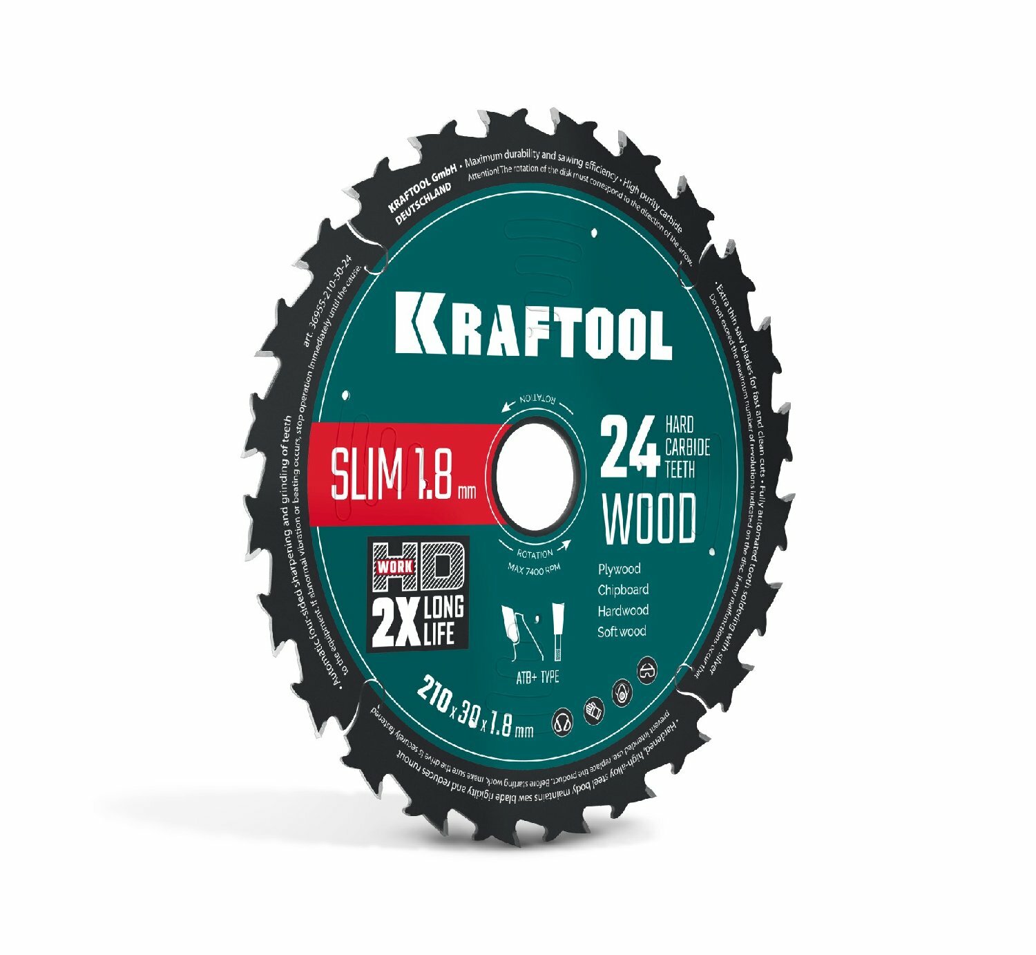 Пильный диск по дереву KRAFTOOL Slim wood cut диаметр 210 мм посадочный 30 мм 24 зуба толщина 1.8 мм для продольного и поперечного пиления