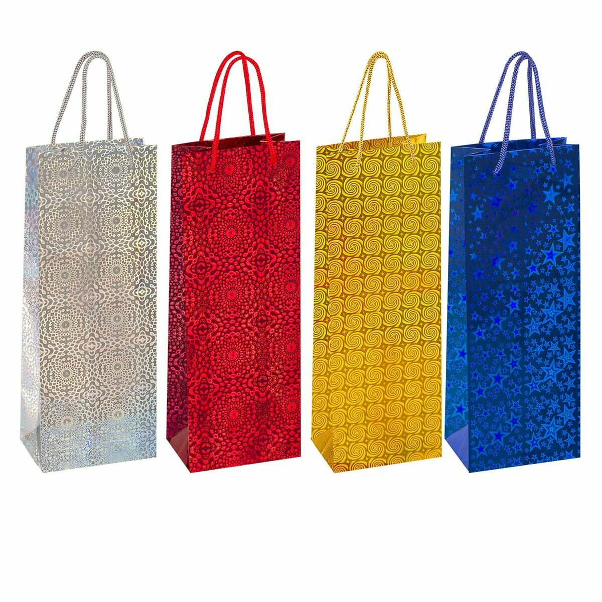 Пакет подарочный для бутылки 13x9x36см (B), набор 8шт, 4 дизайна, голография, Золотая Сказка (609735)
