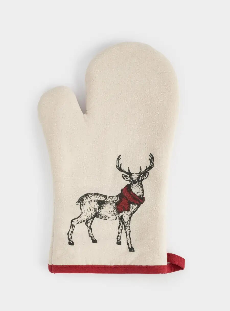 Прихватка-варежка, 18x30 см, хлопок, серо-бежевая, Олень в шарфе, Deer
