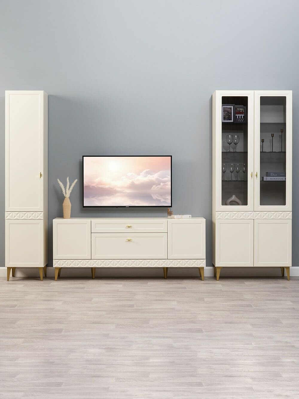 Гостиная комплект Марион, ТВ-тумба, шкаф-пенал, шкаф-витрина, 280.2х36.9х200 см, Слоновая кость