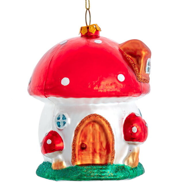 Стеклянная елочная игрушка Грибной домик Аманитт 8 см, подвеска, Kurts Adler, T3511