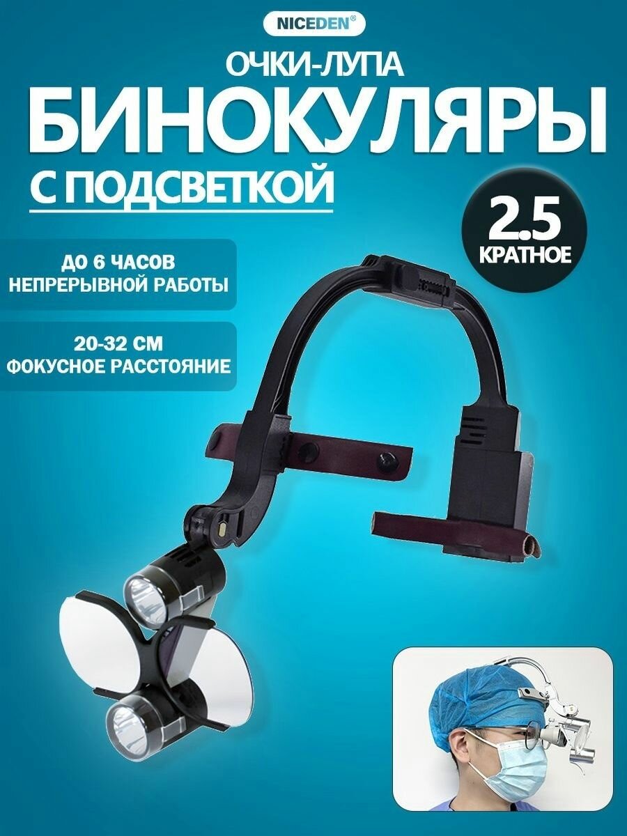 Бинокулярная лупа 2.5X с LED-осветителем для хирургии и стоматологии, беспроводная, с регулируемым углом обзора